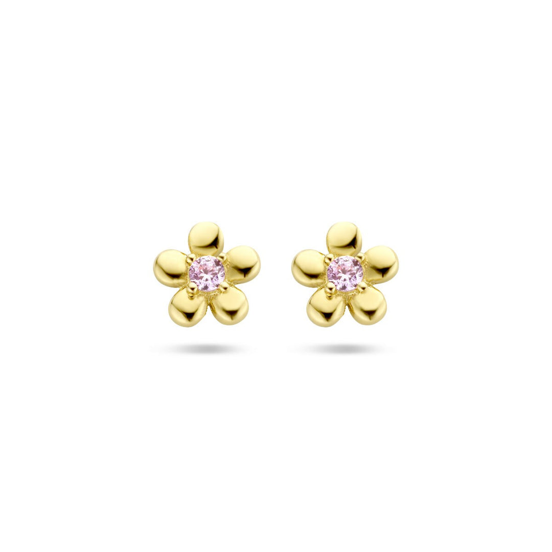 14k Geelgouden kinder oorknoppen bloem met roze zirkonia – Juwelier van ...